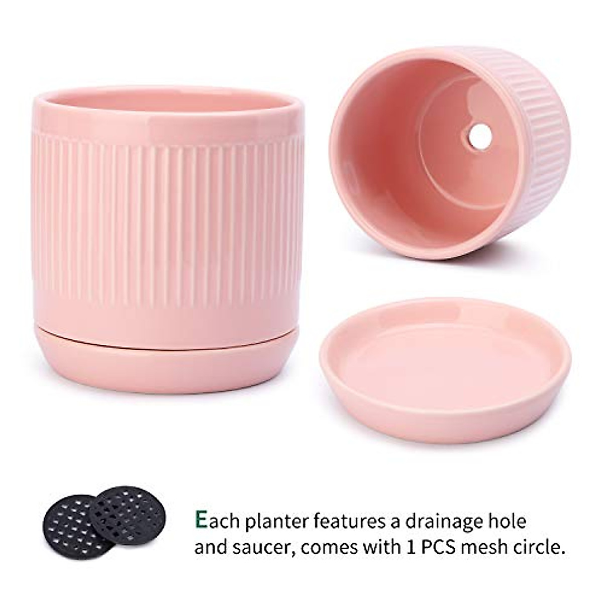 POTEY 053206 Ceramic Planter Pots - Glazed Modern Planters Flower Pot Indoor Bonsai Container with Drainage Holes & Saucer for Plants Aloe(5.1 + 4.2 Inch, Shiny Pink, Set of 2, Plants Not Included)