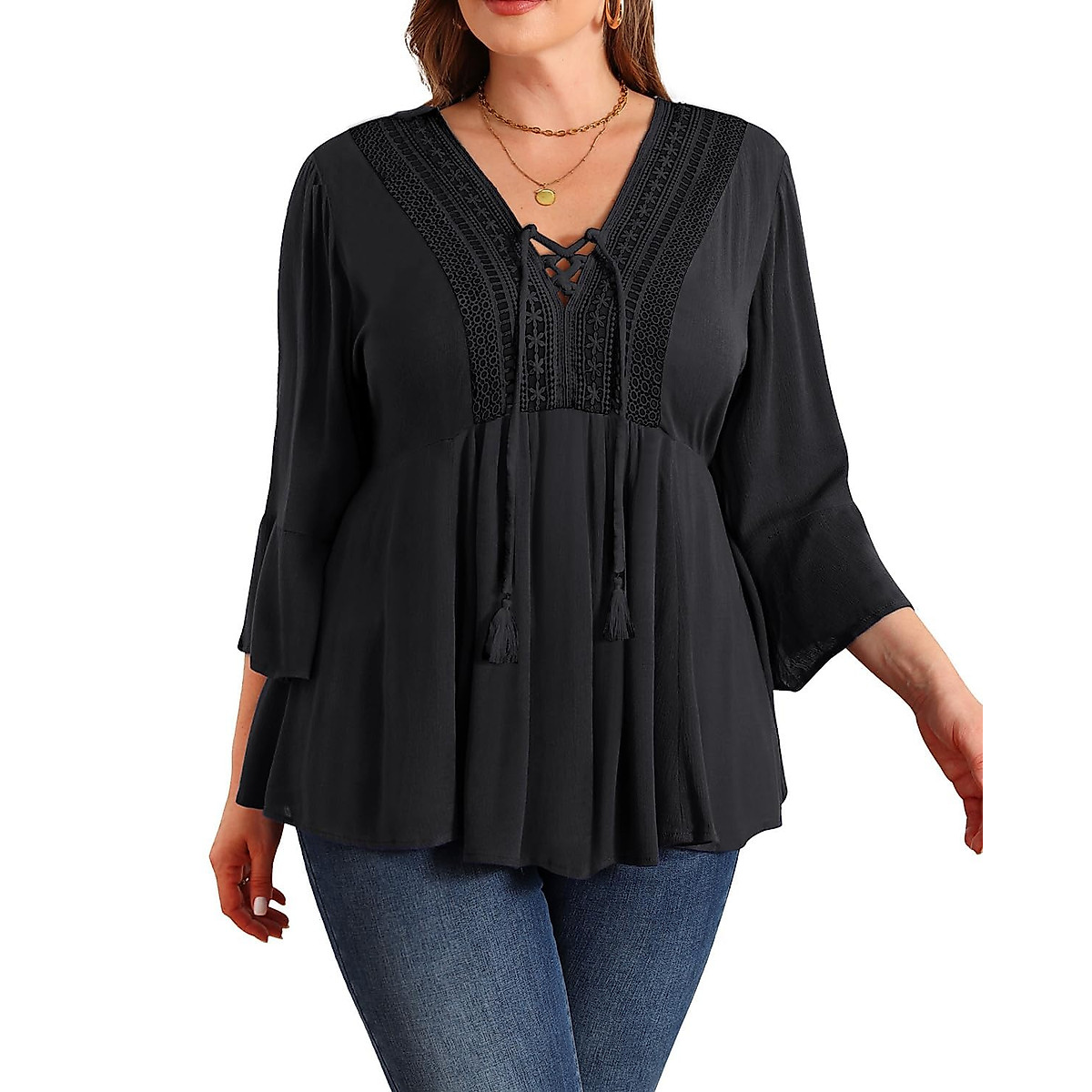 Pinup Fashion Plus Size Tunic Tops Black Women Bell 2/4 Sleeve Fall Dressy Casual Lace-Up V Neck Empire Waist Tassel Peplum Top 2X