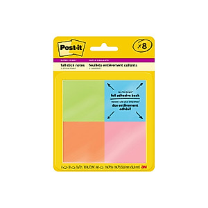 Post-it Super Sticky Full Stick Notes, 2x2 in, 8 Pads, 2x the Sticking Power, Energy Boost Collection, Bright Colors (Orange, Pink, Blue, Green), Recyclable (F220-8SSAU)