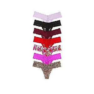 Victoria's Secret Lace Thong Panty Pack, Lay Flat Lace, Underwear for Women, 7 Pack, Playful Solids & Prints (XL)
