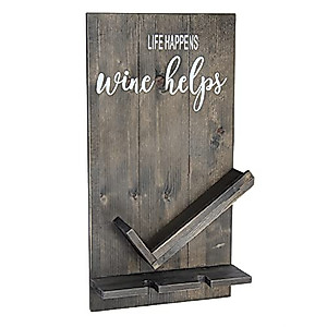 Elegant Designs HG1016-RGY Lucca Quote Saying “Life Happens Wine Helps” Wooden Bottle Shelf with Glass Holder Wall Mounted Wine Rack, Rustic Gray