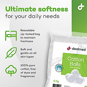Dealmed Cotton Balls for Face, Makeup & Nail Polish Remover, Medical Uses, & DIY Crafts | Non-Sterile Bulk Pack | Resealable Zip-Locked Bag | 100% Pure Cotton - Soft, Absorbent, Gentle (500 per Bag)