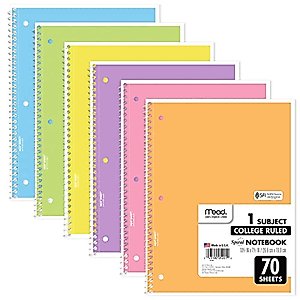 Mead Spiral Notebook, 6 Pack of 1-Subject College Ruled Spiral Bound , Pastel Color Cute school Notebooks, 70 Pages