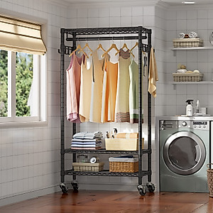 VIPEK R1 Medium Rolling Clothes Rack Portable Garment Rack for Hanging Clothes, 3 Wire Shelves Freestanding Heavy Duty Clothing Racks Storage Drying Rack with Wheels, Hanging Rod, Side Hooks, Black