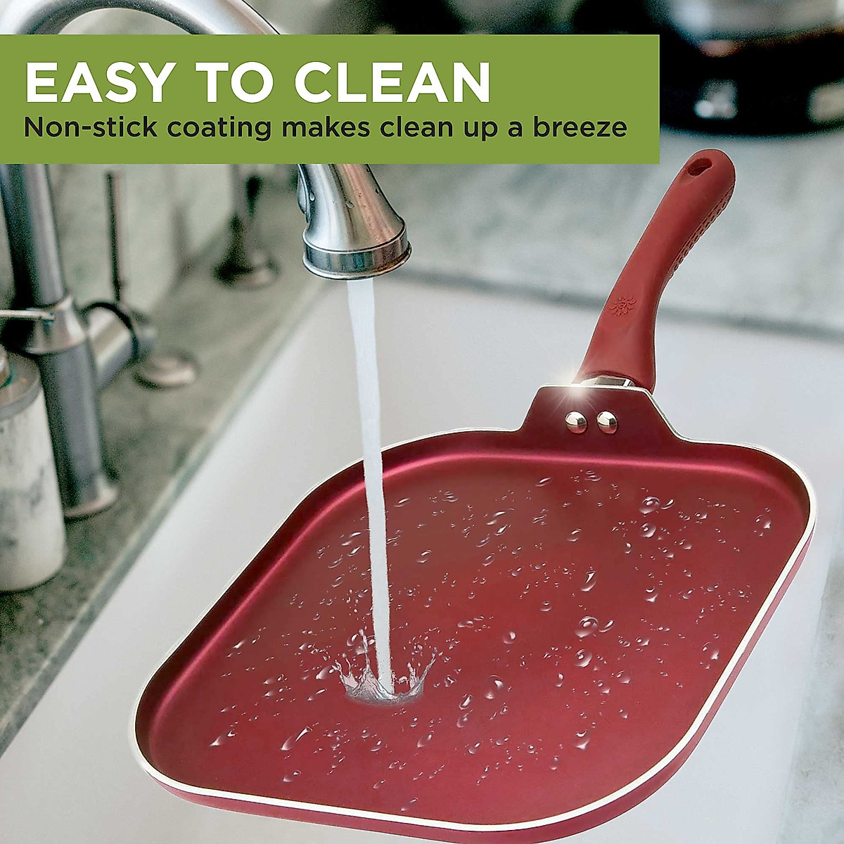 Ecolution Evolve Heavy-Gauge Aluminum with a Soft Silicone Handle, Dishwasher Safe, Non-Stick, 11-Inch Griddle, Crimson Red