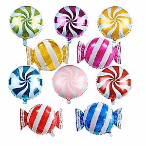 10PCS Sweet Candy Balloon Set Candies Theme Swirl Helium Mylar Foil Balloons Party Birthday Decor Supplies Candy Foil Balloons Spiral Mylar Balloons for Party Decoration