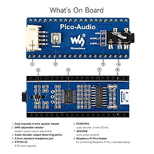 Waveshare Audio Expansion Module for Raspberry Pi Pico Wide Range Audio Sampling Rate Headphone and Speaker Signal Output at The Same Time