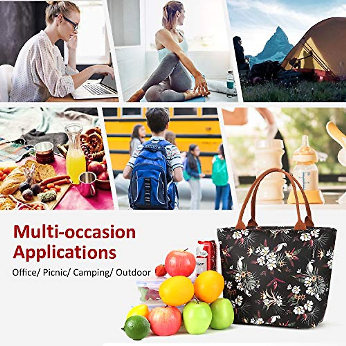 Gloppie Lunch Bag Women Insulated Lunch Box Tote Bag Leakproof Lunch Cooler Meal Prep Tote Purse Lunch Kit Teen Girls Lunch Bags Loncheras para mujer Beach Work 9L White Flower