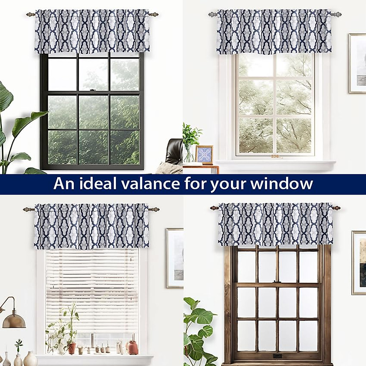 DriftAway Mason Geometric Trellis Pattern Window Curtain Valance Rod Pocket 52 Inch by 14 Inch Plus 2 Inch Header Navy