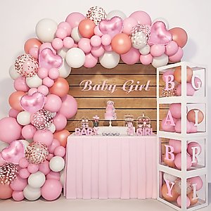 Amandir 143pcs Baby Boxes Pink Baby Shower Decorations for Girl, Rose Gold Pink Balloons Garland Kit Baby Boxes with Letters (A-Z+Baby+Girl) for Baby Shower Girl Birthday Gender Reveal Party Supplies