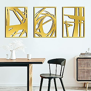 Geelin 3 Pcs Metal Wall Decor 16 x 11 Inch Abstract Metal Wall Art Modern Minimalist Geometric Wall Decor 3D Textured Metal Wall Sculptures for Home Bathroom Living Room Bedroom Dining (Gold)