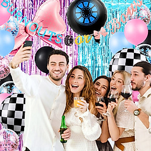 112 Pcs Burnouts or Bows Gender Reveal Decorations Set, Burnouts Bow Foil Balloons Arch Banner Gender Reveal Cake Topper Pink and Blue Balloons Foil Curtains for Gender Reveal Shower Party Supplies