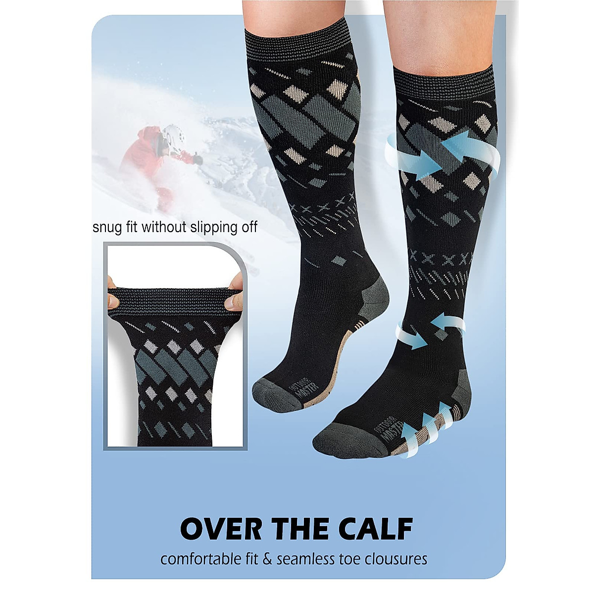 OutdoorMaster Unisex Ski Socks,Skiing and Snowboarding Socks for Men & Women with Over the Calf Design/Non-Slip Cuff