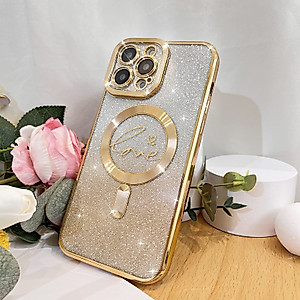 KANGHAR Magnetic Glitter Case for iPhone 13 Pro Max Case 6.7 Inch, Clear Plating Love Heart Pattern Design [Compatible with Magsafe Charging] Camera Protection Soft Cover for Women Girls (Gold)