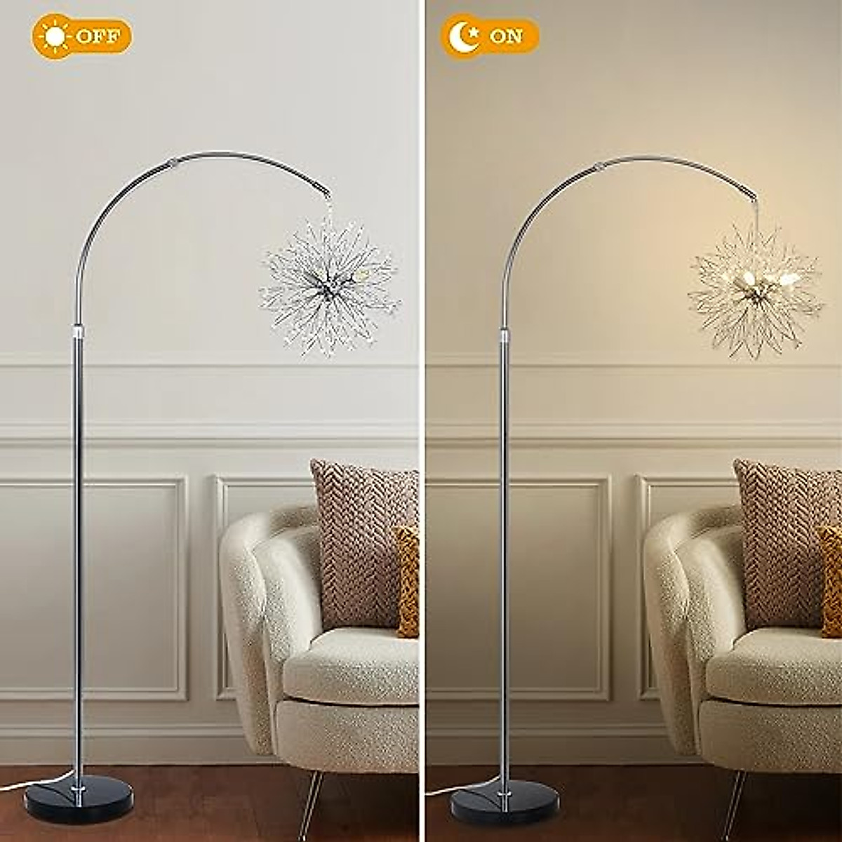 Crystal Arc Floor Lamps for Living Room, Modern Floor Lamp with Marble Base, Adjustable Height Standing Lamp, Mid Century Tall Lamp for Girls Room, Over Couch Arched Reading Light for Bedroom, Office