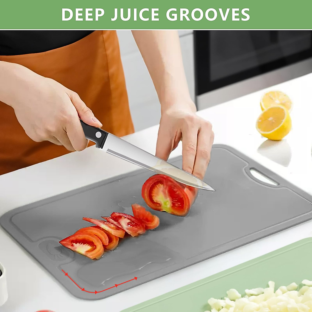 Gintan Flexible TPU Cutting Board with Knife and Juice Groove, BPA Free Flexible Chopping Boards for Kitchen Dishwasher Safe Easy Grip Handle（Grey）