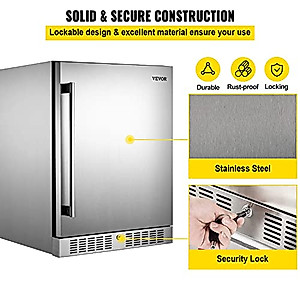 VEVOR 24" Undercounter, 5.3 cu.ft. Compact Stainless Steel， Built-in Beverage Refrigerator,Mini Beer Fridge for Home Bar Office Outdoor, Silver