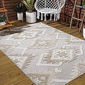 JONATHAN Y SBH107A-4 Sumak High-Low Pile Neutral Diamond Kilim Indoor Outdoor Area-Rug Bohemian Geometric Easy-Cleaning Bedroom Kitchen Backyard Patio Non Shedding, 4 ft x 6 ft, Beige/Gray