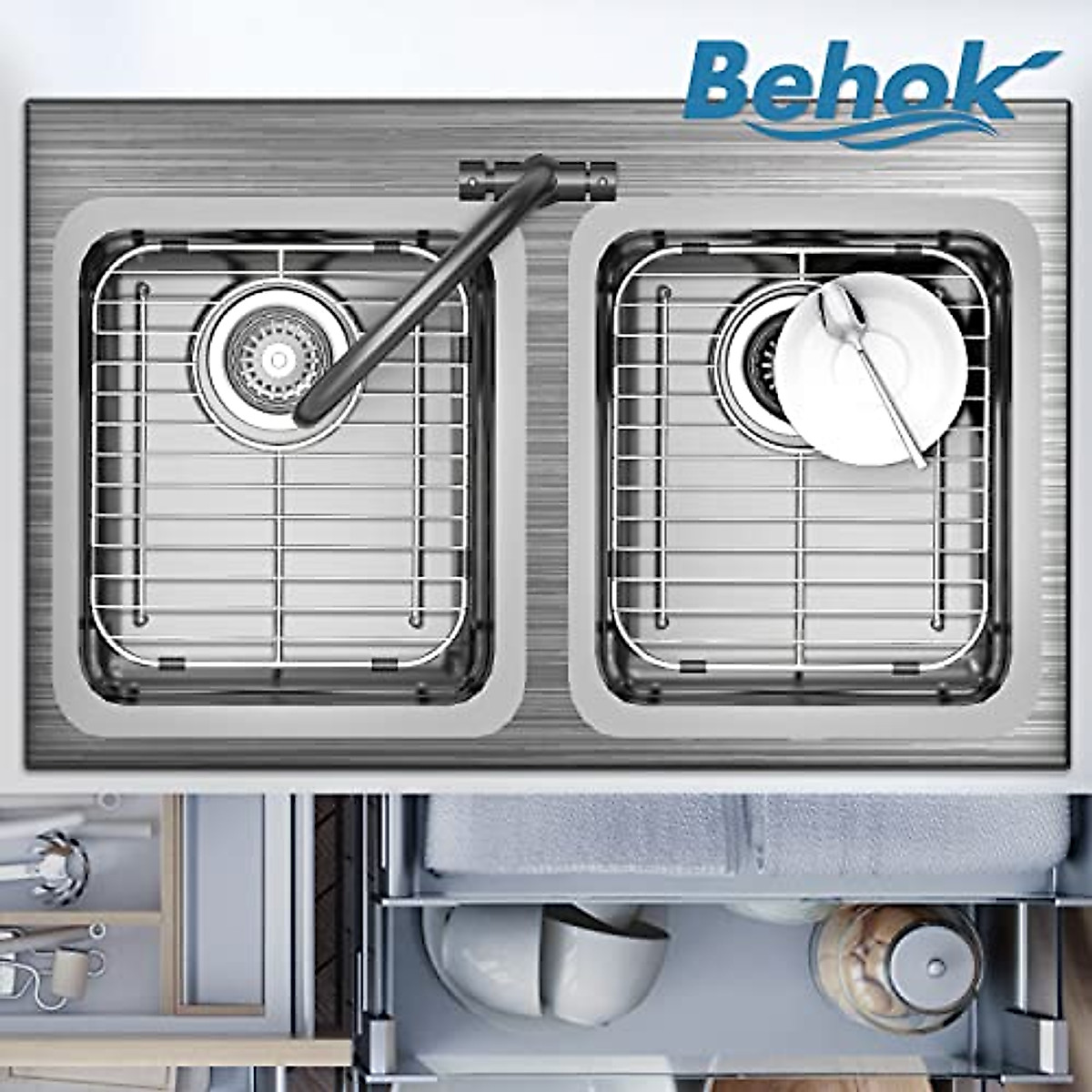 BEHOK 2 pack Sink Protector Grid 13" x 11-5/8", Rear Drain with Corner Radius 1-1/2", 304 Stainless Steel for Kitchen Sink BH-1311 Sink Grate