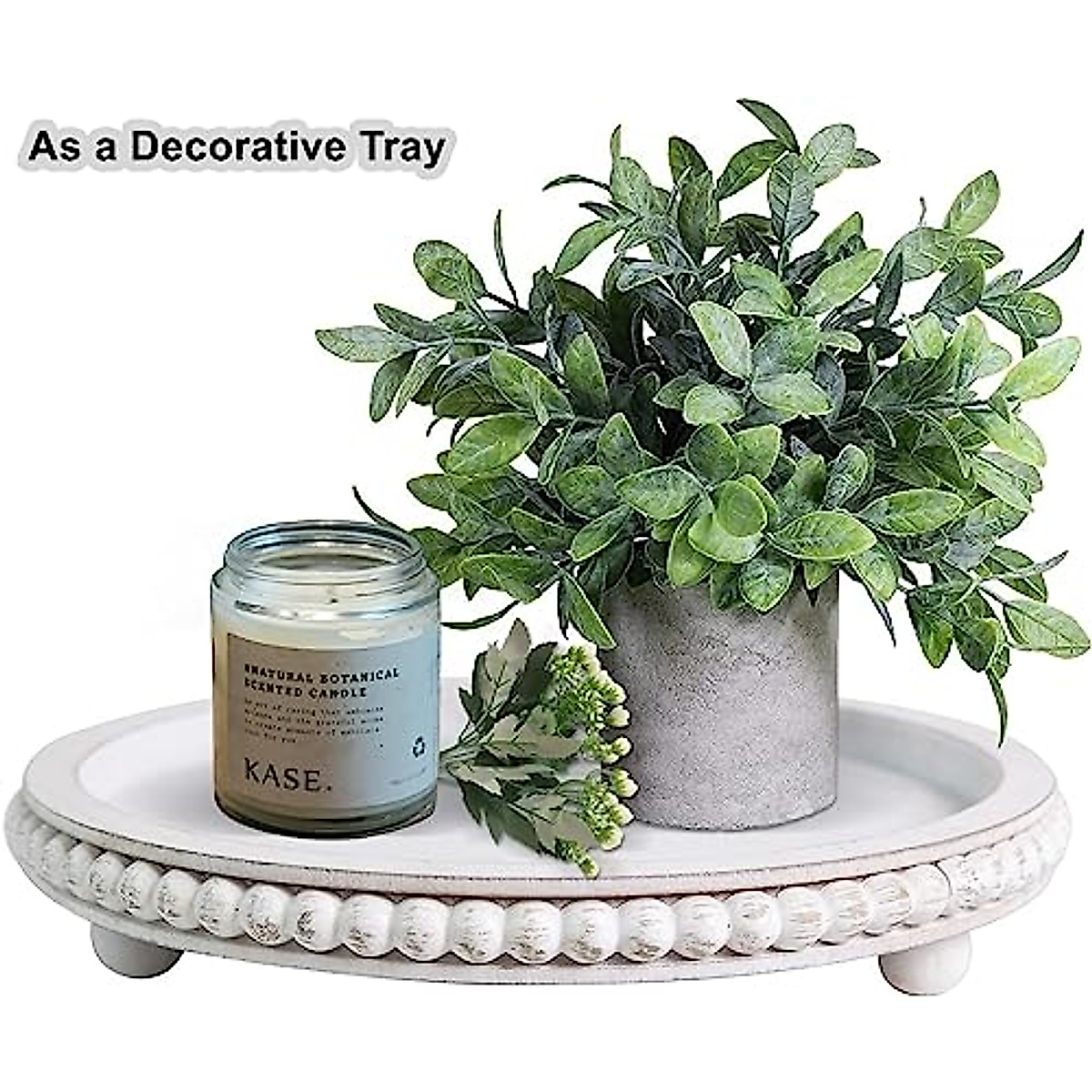 GenMous & Co. Rustic Wood Beaded 2 Tiered Tray Stand For Farmhouse Kitchen Table Decor, Rustic White Two Tiered Serving Tray For Food Fruits Cupcakes Display Coffee Bar Home Party Seasonal Decorations