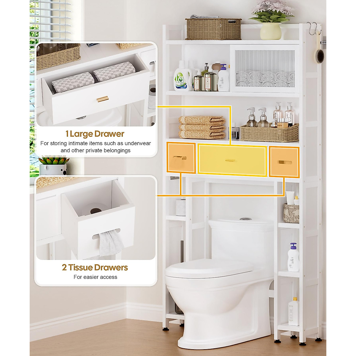 Cozivolife Over The Toilet Storage Cabinet with Acrylic Sliding Door Panel,Bamboo Organizer Shelf with 2 Toilet Paper Drawers and 1 Big Drawer,Toilet Rack for Bathroom (White)