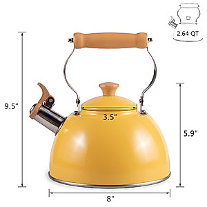 ROCKURWOK Tea Kettle, Tea Pot with Cool Touch Ergonomic Handle, Teapot Food Grade Stainless Steel, Tea Kettle Stovetop, Kettle Teapot, Whistling Tea Kettle, Tea Kettle Pot, 2.7 Quart (Yellow)