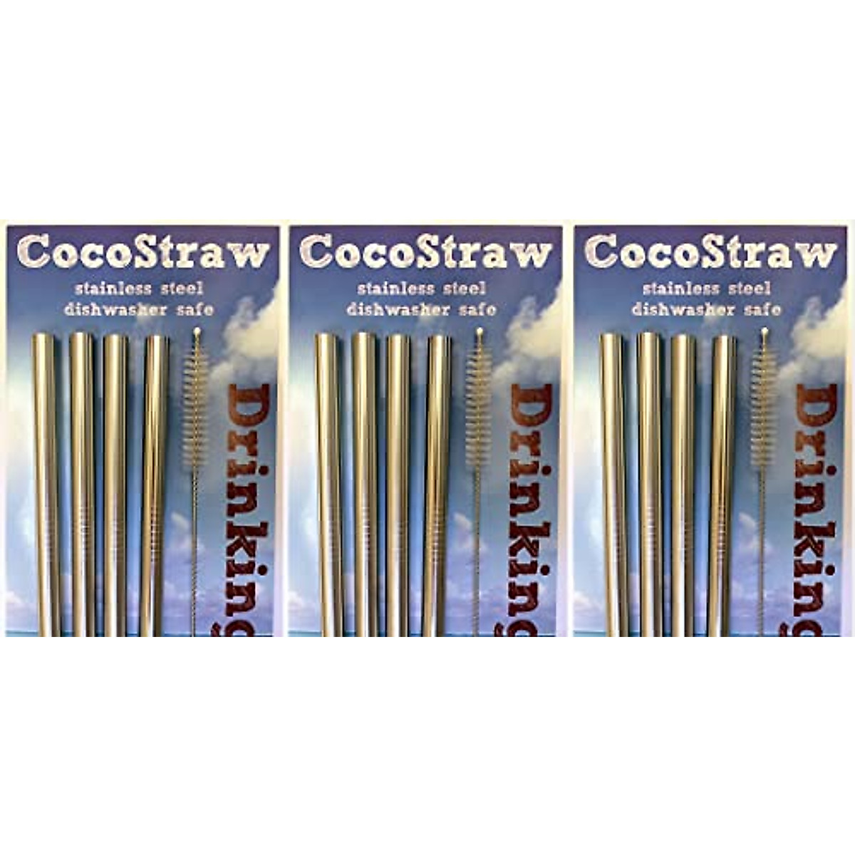 12 Stainless Steel Wide Drink Straws - CocoStraw Large Straight Frozen Smoothie Straw - 12 Pack + 3 Cleaning Brushes