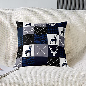 Wild Deer Throw Pillow Cover Blue Black Camouflage Retro Grid Decor Soft Square Pillow Case Antlers Jungle Animal Western Rustic Style Cushion Cover for Office Couch Bed 18x18 Inch