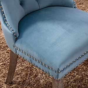 Rhomtree Set of 6 Velvet Fabric Dining Chairs Luxury Tufted Back with Nailed Trim and Back Ring Pull Home Kitchen Dining Room Chairs Armless Side Chairs Solid Rubber Wood Legs (Light Blue)