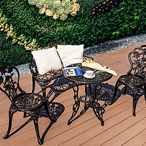 Sundale Outdoor Cast Aluminum Bistro Set of 4, Patio Conversation Set with Umbrella Hole for Balcony All Weather Resistant Antique Finish Patio Porch Yard Black Rose