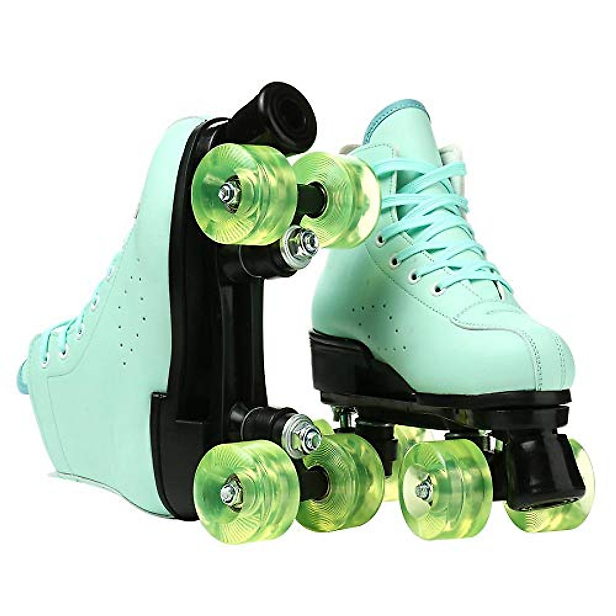 XUDREZ Roller Skates Candy Color PU Leather Shoes Double-Row Design Latest Version Flashing Pattern Roller Skates for Women and Men (Green-Flashing Wheels,42=US:Men:8-Women:9.5)
