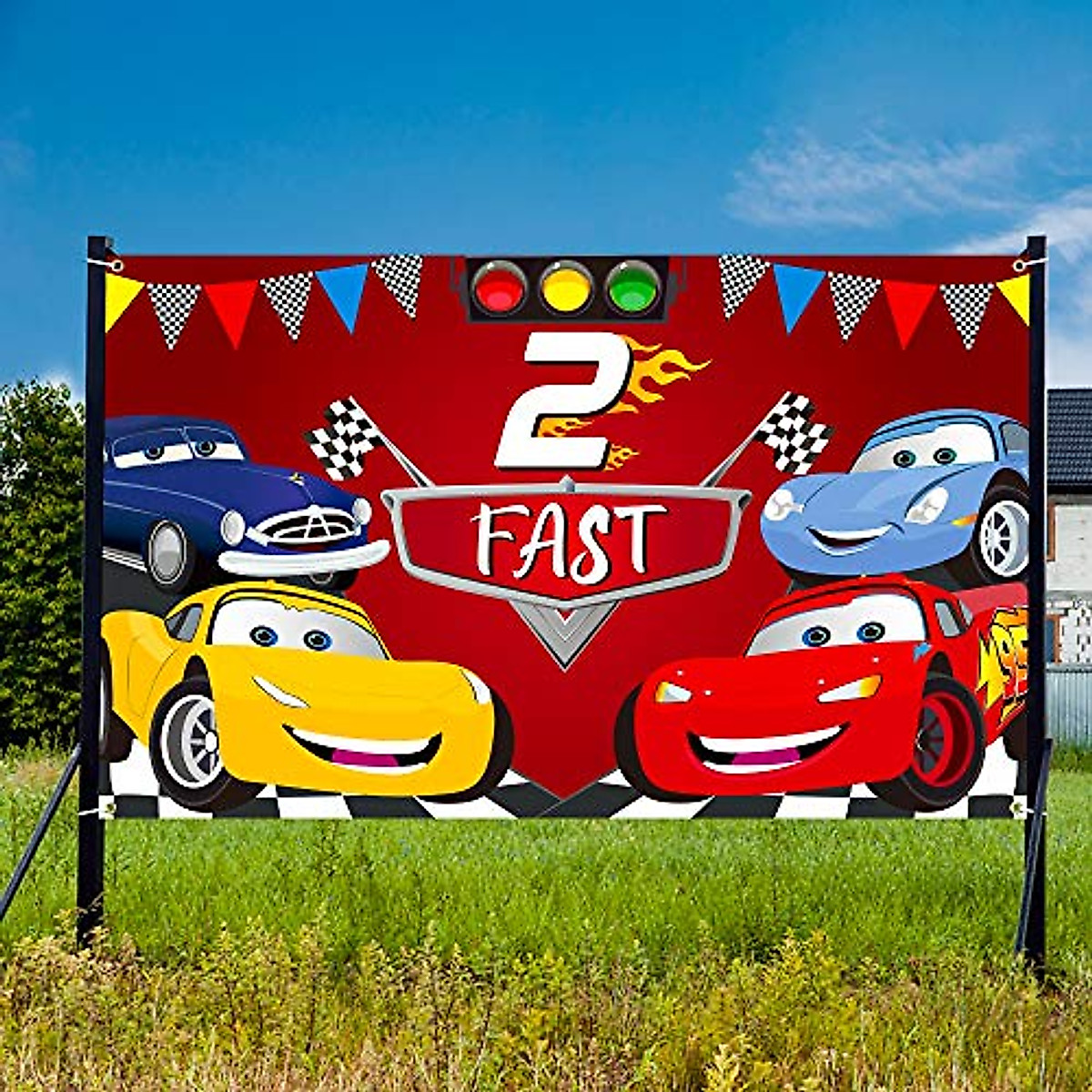 PANTIDE Race Car 2nd Birthday Party Backdrop Decoration, Two Fast Photography Background Banner, Large Poster Party Photo Props Wall Décor, Let’s Go Racing Party Supplies for Baby Boys Two Years Old