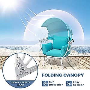 Pellebant Egg Chair with Folding Canopy, Aluminum Lounge Chair with 4 Soft Deep Cushion, Indoor Outdoor Lounger for Patio, Backyard, Living Room, 265lb Capacity Blue