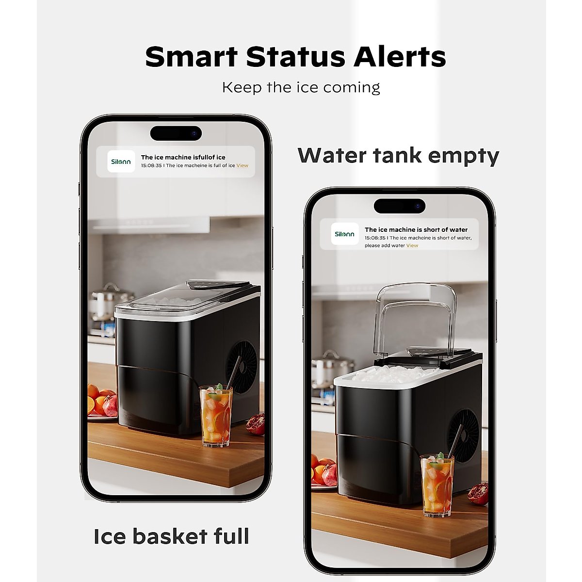 Silonn Smart Countertop Ice Maker - Compact Ice Maker with App Control, 9 Cubes in 6 Mins, 26 lbs per Day, 2 Ice Cube Sizes, Portable Ice Maker with Self-Cleaning for Kitchen/Office