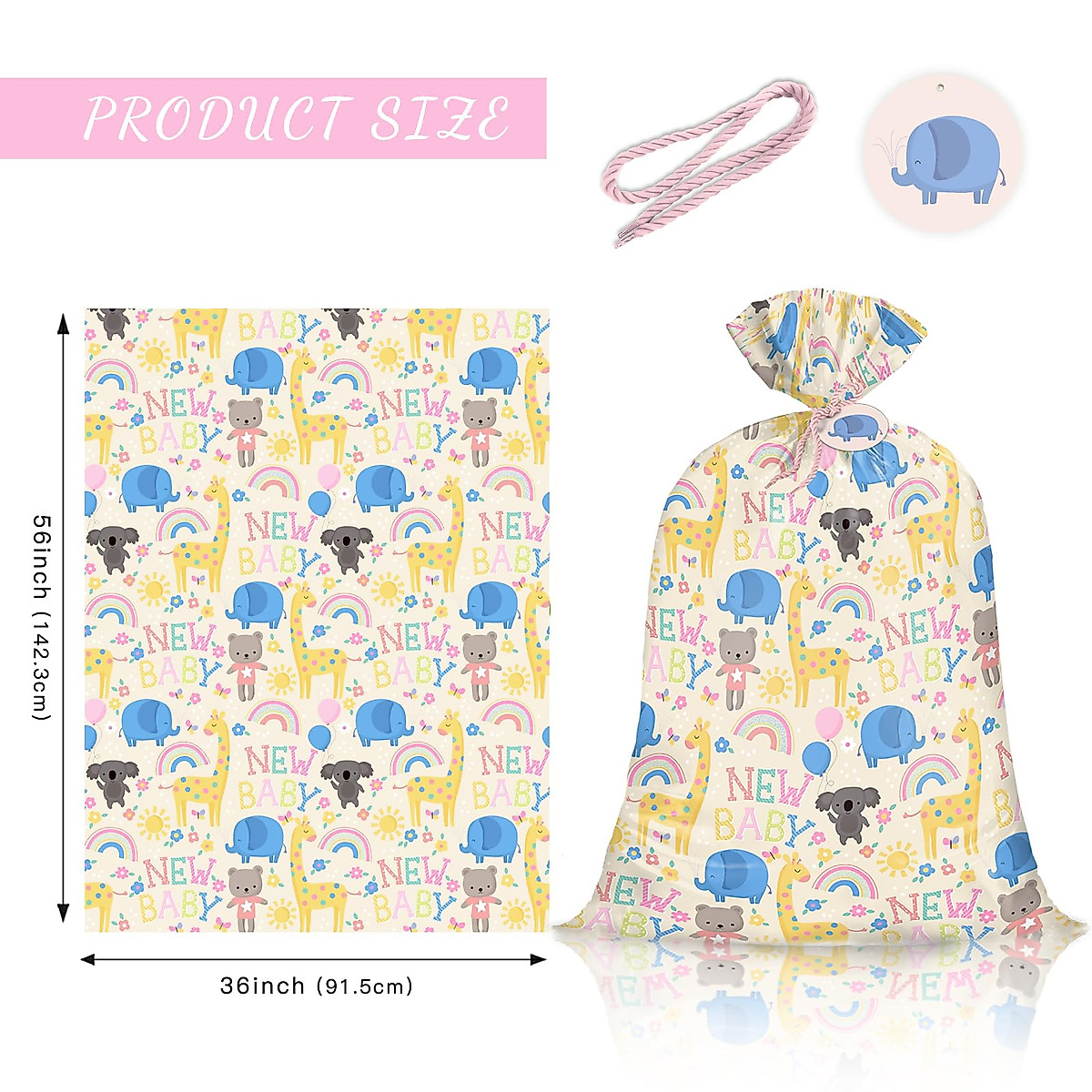 WRAPAHOLIC 56" Large Baby Shower Plastic Gift Bag - Animals & New Baby Design for Baby Shower, Kids Birthdays, Parties, Celebrating, or Any Occasion - 56" H x 36" W