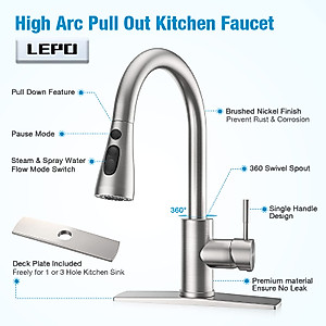 LEPO Brushed Nickel Pull Out Kitchen Sink Faucet, Modern Stainless Steel Single Handle High Arc Rv Faucet with Pull Down Sprayer and Deck Plate