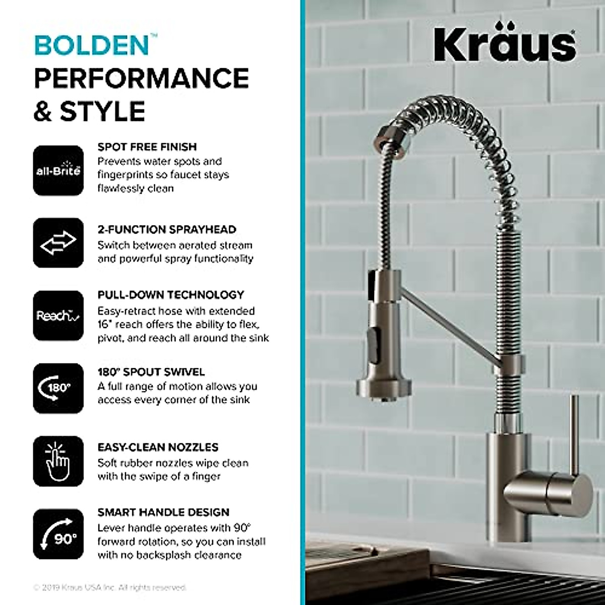 KRAUS Bolden Commercial Style 2-Function Single Handle Pull Down Kitchen Faucet in Spot-Free Stainless Steel/Chrome, KPF-1610SFSCH (Pack of 1)