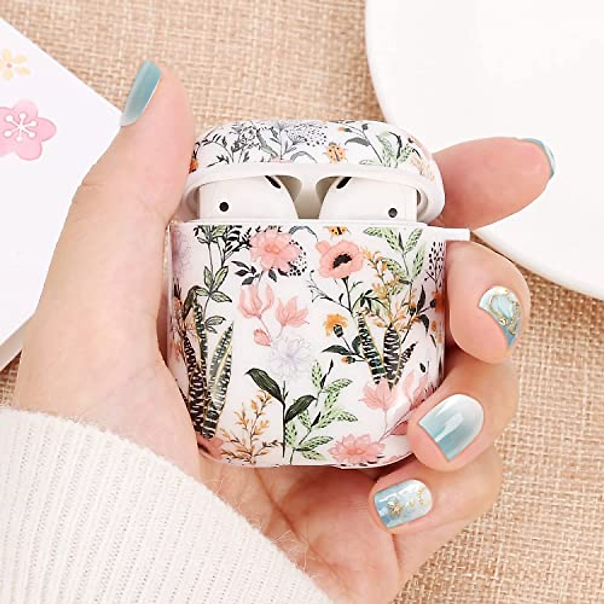 AirPods Case Flower, Olytop Cute Hard Ladybugs Women Apple Airpods 2 & 1 Cover Case Protective Shockproof iPods Cover Skin Girls with Keychain for Apple 2nd 1st Gen - Flower/Cactus