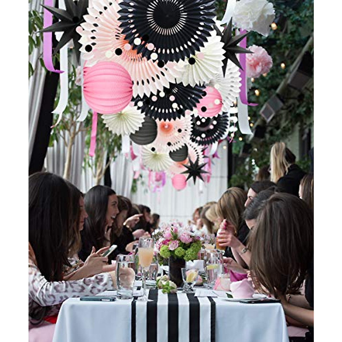 Pink Black White Party Decorations for Girls Women Minnie Mouse First Birthday Decoration Wedding Bridal Baby Shower Hanging Tissue Paper Fans Circle Garland Paper Lanterns