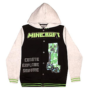 Minecraft Boys Creeper Button-Up Fleece Varsity Jacket for Kids and Toddlers (Size 10/12, Black/Grey)