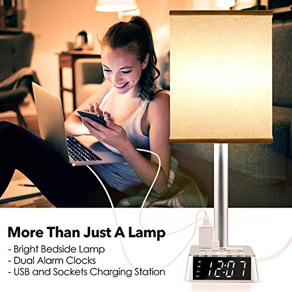 Table Lamp - Bedside Lamp with 4 USB Ports and AC Power Outlets, Alarm Clock Base w/ 6Ft Extension Cord, Square Oatmeal Fabric Lampshade Modern Accent Nightstand Lamps for Bedrooms Living Room