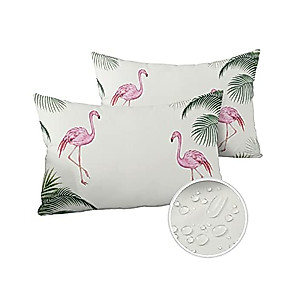 Vandarllin Outdoor Throw Pillows Covers 12X20 Set of 2 Waterproof Pink Flamingo Decorative Zippered Lumbar Cushion Covers for Patio Furniture, Tropical Palm Leaf