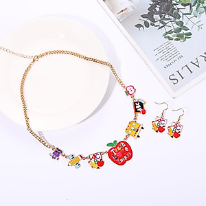 Teacher Earrings Necklace for Women Cute Back to School Apple Pencil School Bus ABC Chalkboard Owl Charms Pendant Necklace Hypoallergenic Notebook Drop Dangle School Student Earrings Jewelry Set Fun