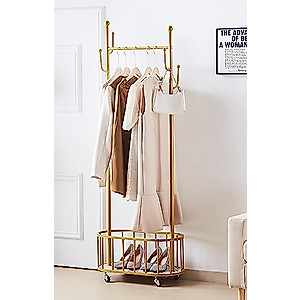 BOOSDEN Clothing Rack with Wheels，Metal Rolling Garment Rack for Hanging Clothes, Clothes Hanger Rack with 4 Hooks