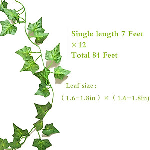 12 Pack Artificial Ivy Fake Vines for Bedroom Aesthetic, 84 Feet, Greenery Leaves UV Resistant, Hanging Plant Decoration for Wedding, Party, Garden, Office, Wall. Vine Garland