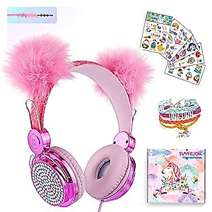 SVYHUOK Pompoms Pink Unicorn Wired Headphones,Cute Cat Ear Kids Game Headset for Girls Teens Tablet Laptop PC,Over Ear Children Headset withMic,for School Birthday Xmas Gifts