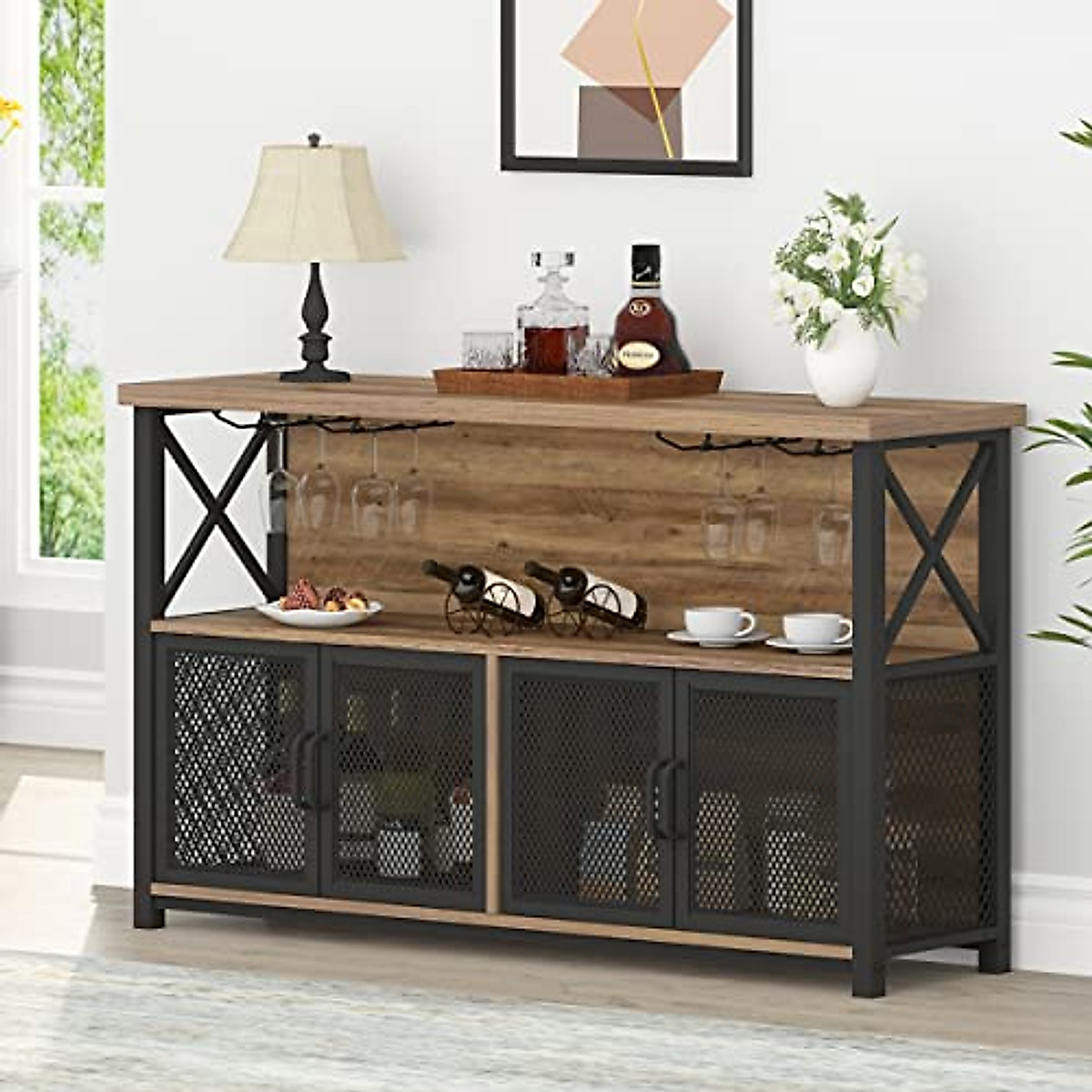 LVB Wine Bar Cabinet, Industrial Sideboard Buffet/Coffee Bar Cabinet for Liquor and Glasses, Farmhouse Metal Wood Rack Cabinet for Home Living Dining Room Kitchen, Rustic Oak, 47 Inch