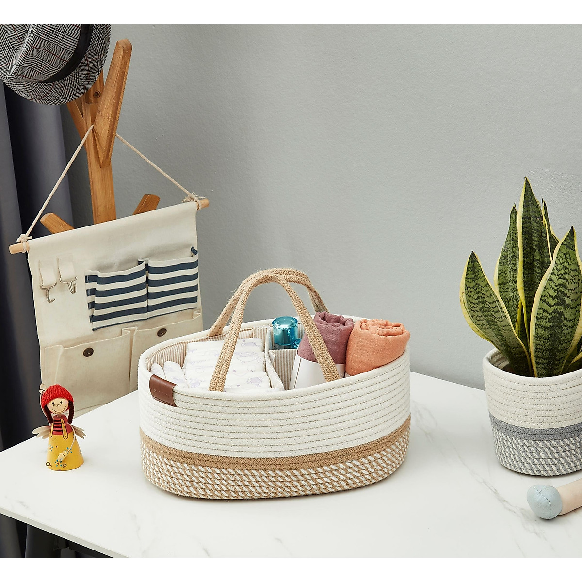 DECOMOMO Diaper Caddy, Baby Diaper Caddy Basket, Diaper Organizer for Changing Table Girl Boy Gift (Spiral Beige & White, Large)