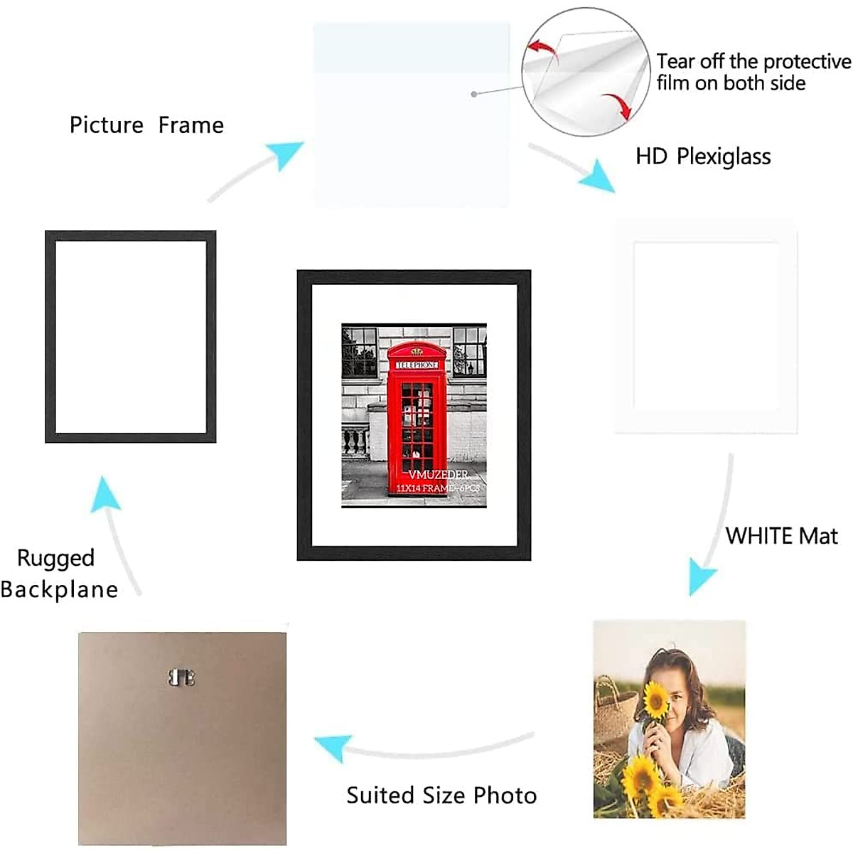 VMUZEDER 11x14 Picture Frame Rustic Black Wood Set of 6,Display Pictures 8x10 with Mat or 11x14 Without Mat,Multi Photo Frames Collage for Wall