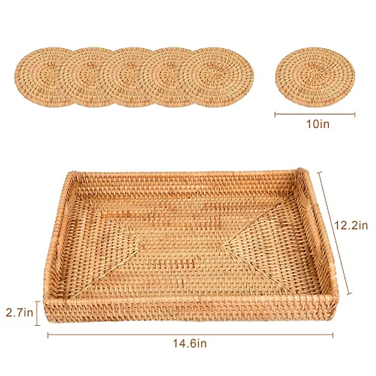 Akamino Rattan Tray with Rattan Coasters - 14.6''x12.2''x2'' Hand-Woven Wicker Basket Tray with Handles for Breakfast, Rectangular Decorative Serving Organizer for Coffee Table, Drinks, Fruit